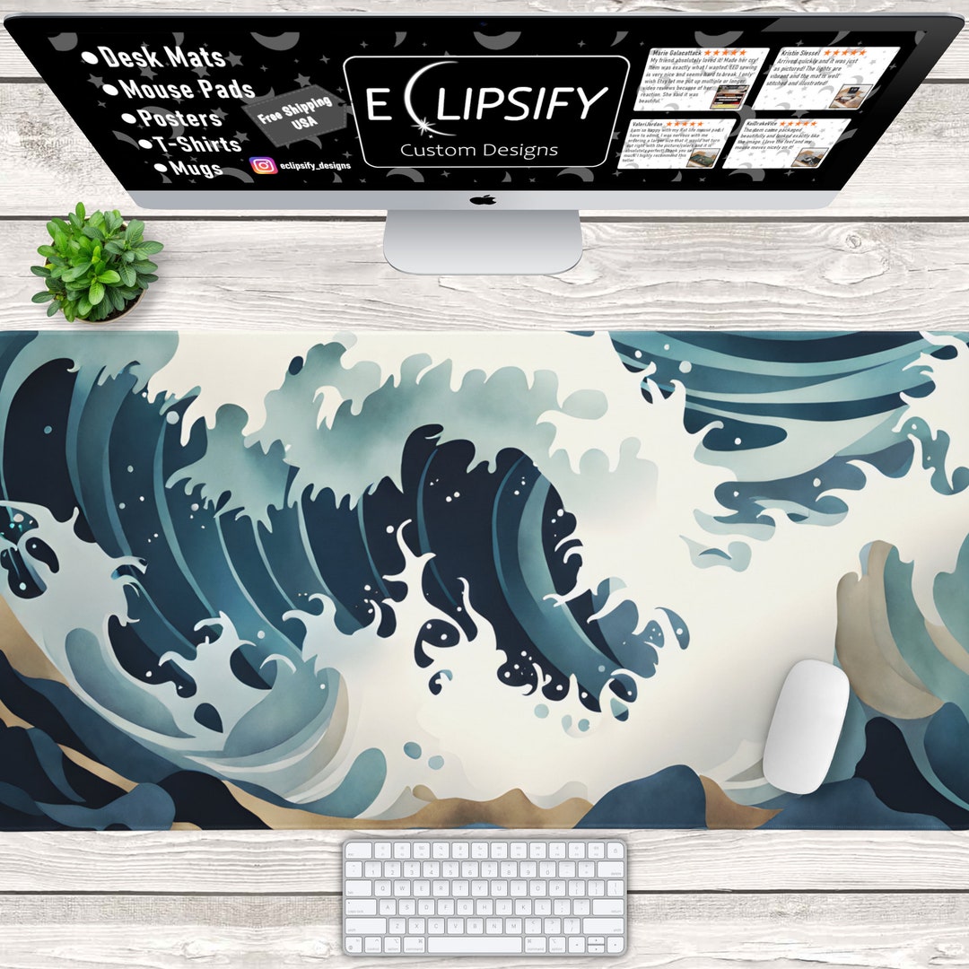 Wave Blue Desk Mat, Japanese Mousepad, Minimalist Mouse Pad, Blue Mouse ...
