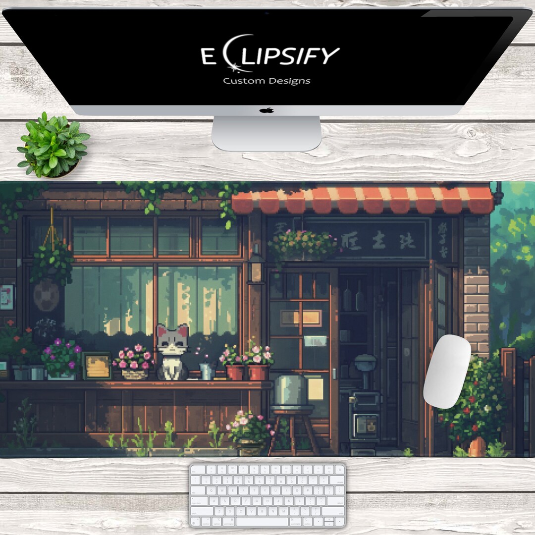 Japanese Cat Cafe Pixel Art Desk Mat Aesthetic Desk Decor, Kawaii Cat ...