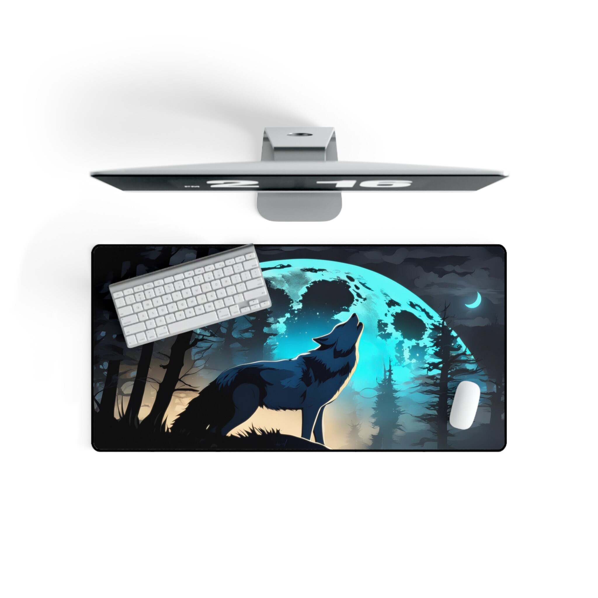 Wolf Howling Moon Mouse Pad, Wolf Howling Moon Desk Mat, Blue Desk Mat ...