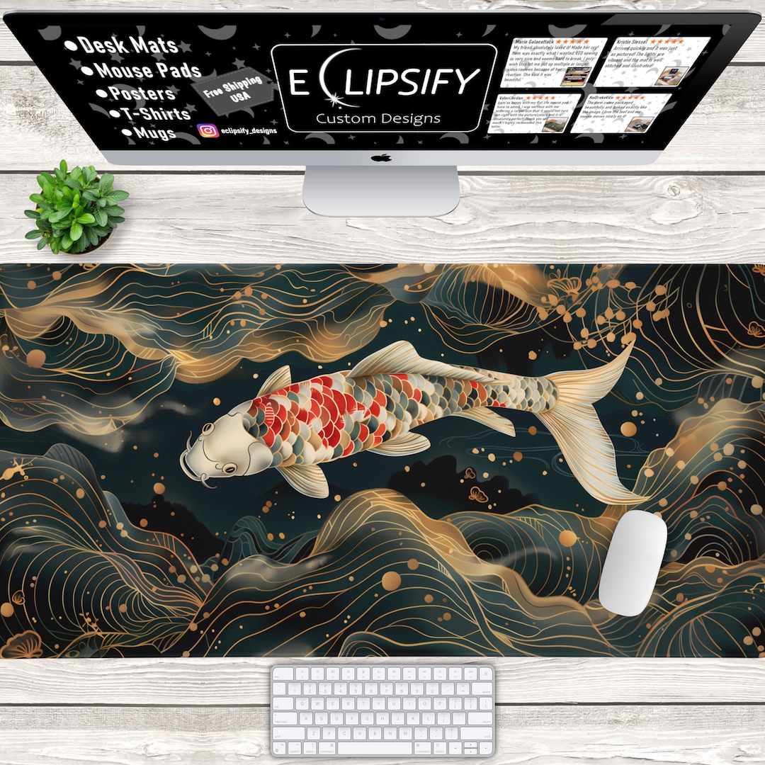 Koi Fish Desk Mat, Japanese Koi Fish Mouse Pad, Blue, Floral Mouse Pad ...
