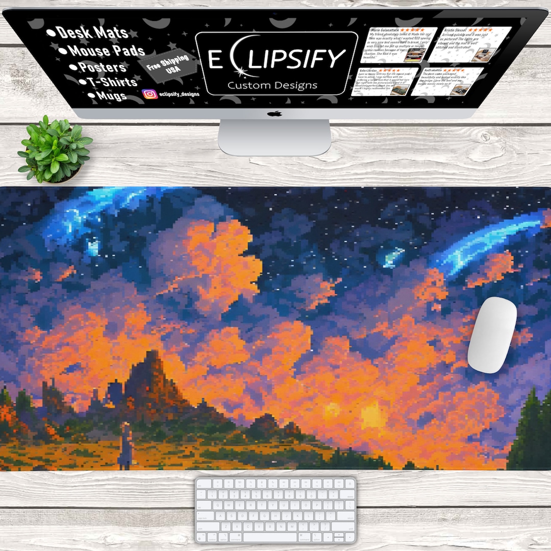 Pixel Art Clouds Mouse Pad, Pixel Art Space Desk Mat, Sunset Pixel Art ...