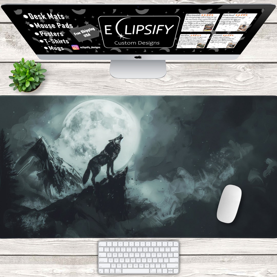 Wolf Howling Moon Mouse Pad, Wolf Howling Moon Desk Mat, Blue Desk Mat ...