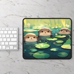 Cute Otters in Pond Desk Mat, Kawaii Otter Mousepad, Plants Nature ...