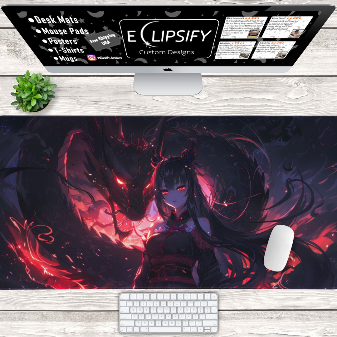 Anime Dragon Girl Desk Mat, Anime Dragon Mouse Pad, Red Desk Pad, Fire ...