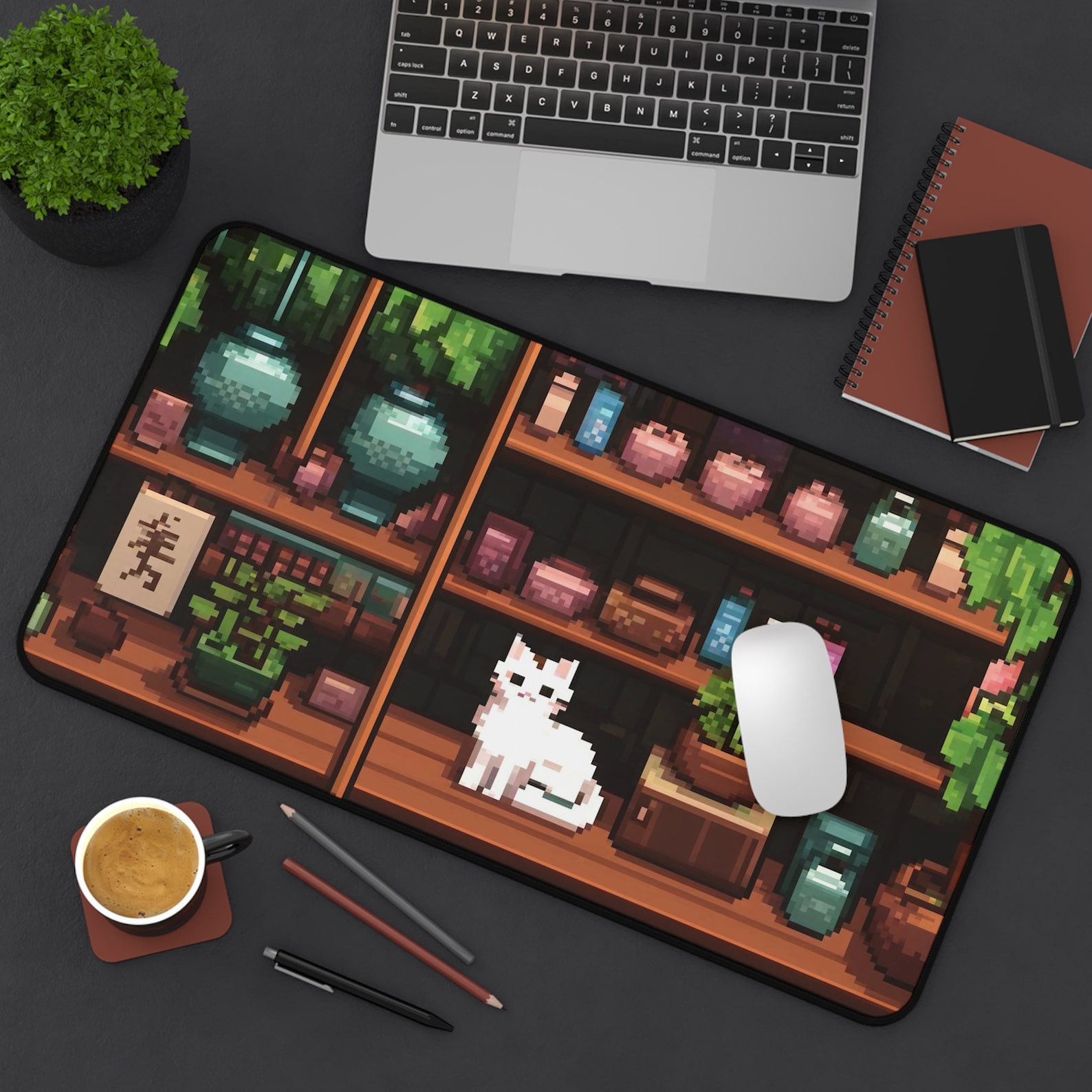 Japanese Cat Pixel Art Mouse Pad, Pixel Art Cat Desk Mat, Kawaii Cat ...