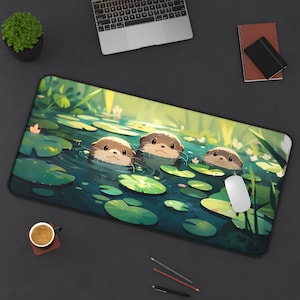 Cute Otters in Pond Desk Mat, Kawaii Otter Mousepad, Plants Nature ...
