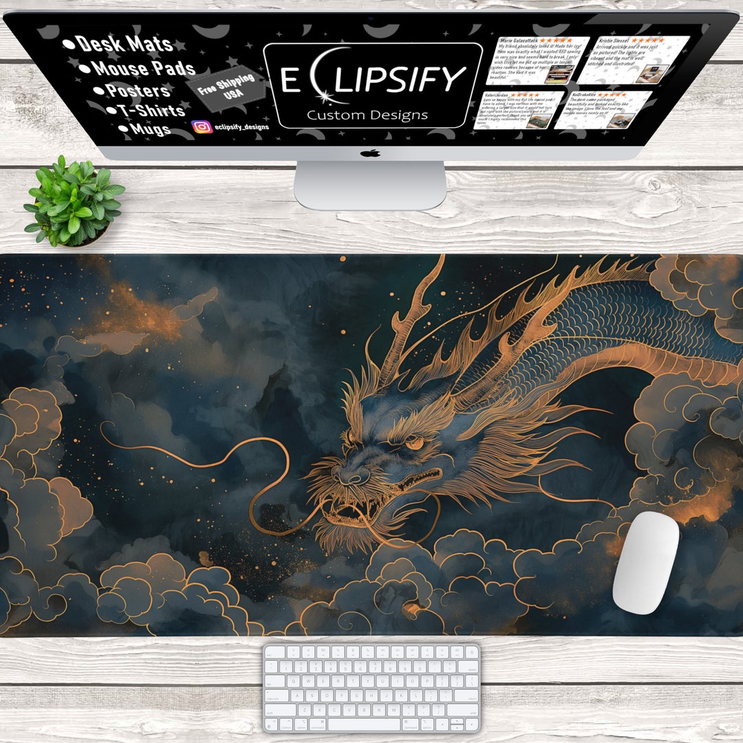 Blue Japanese Dragon Desk Mat, Japanese Dragon Mouse Pad, Minimalist ...