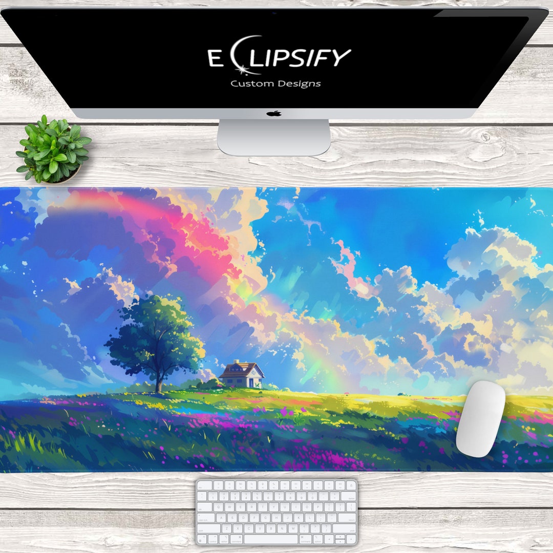 Rainbow Field Mouse Pad, Rainbow Pastel Clouds Desk Mat, Pate Tree of ...