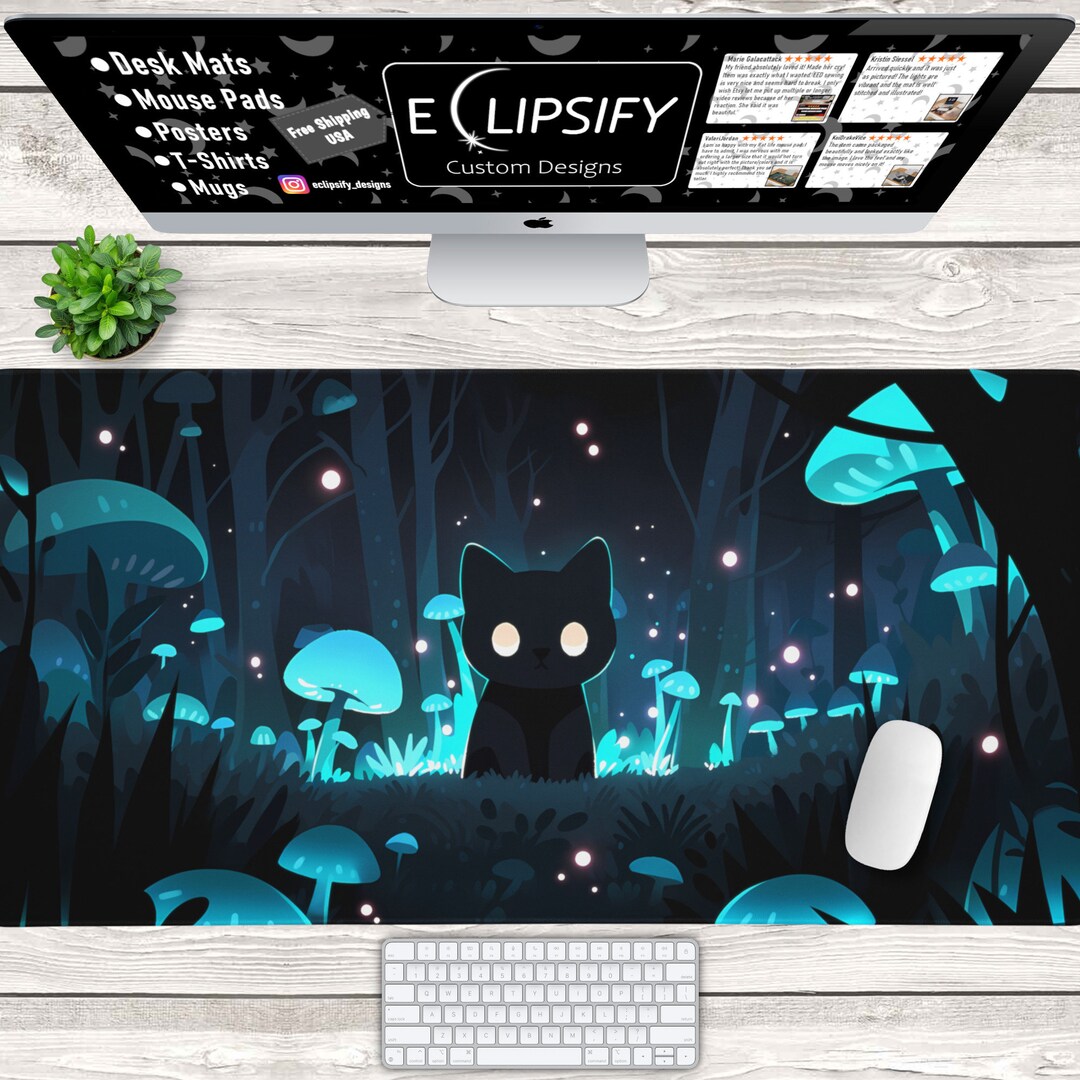 Black Cat Mouse Pad, Kawaii, Cute Cat, Blue, Cottage Core Desk Mat ...