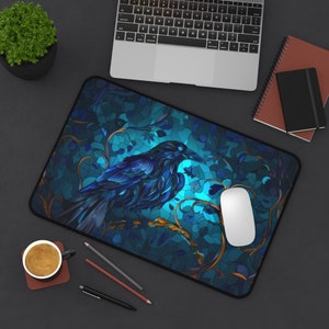 Raven Stained Glass Desk Mat, Crow Mouse Pad, Colorful, Blue Goth Mouse ...