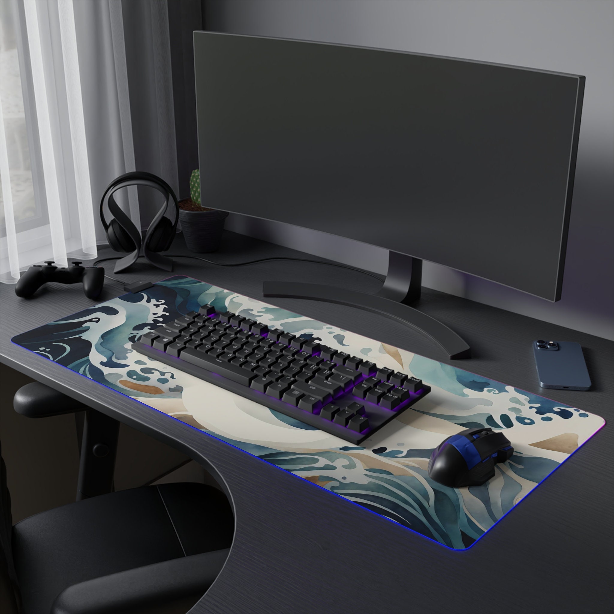 Wave Blue Desk Mat, Japanese Mousepad, Minimalist Mouse Pad, Blue Mouse ...