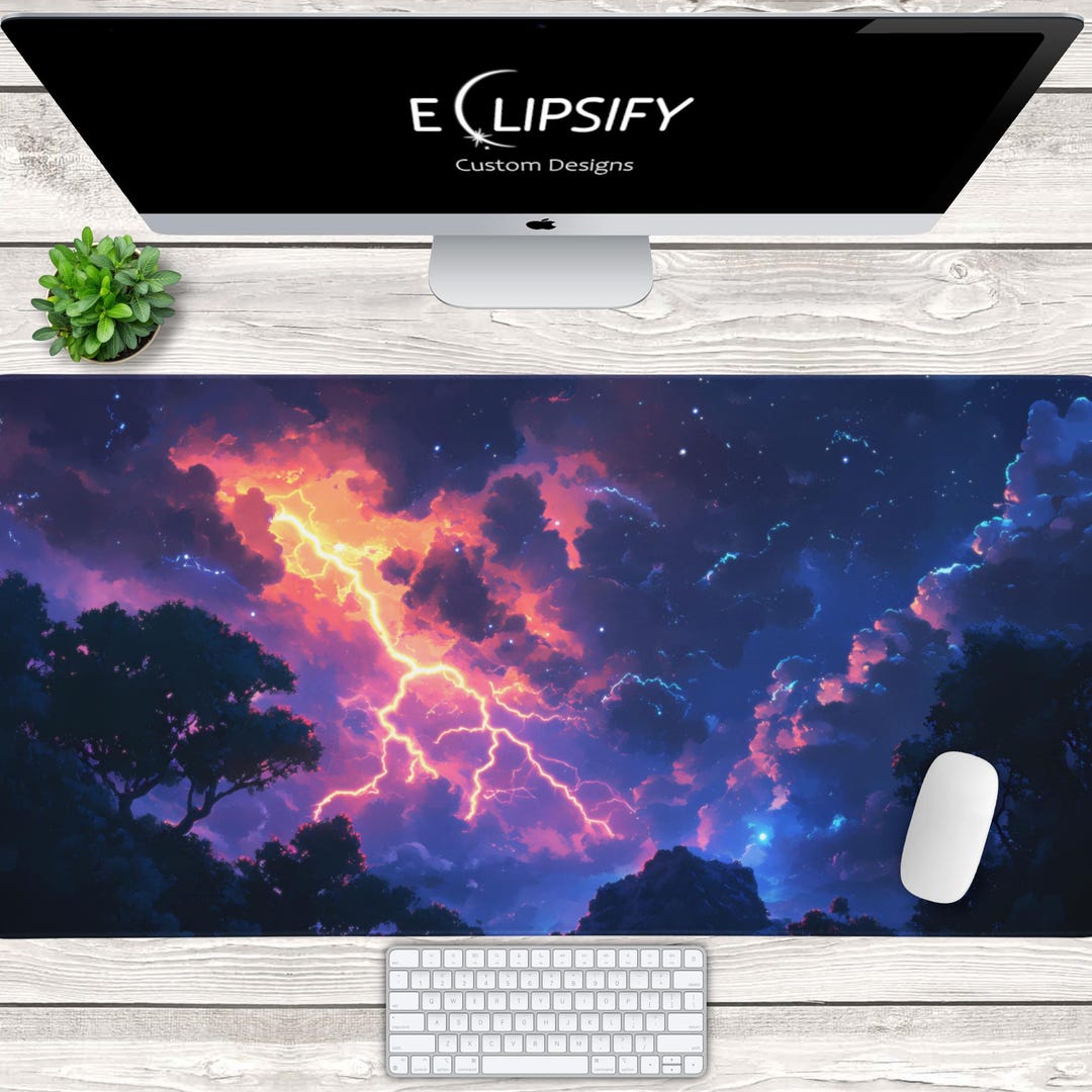 Lightning Storm Desk Mat, Lightning, Red and Blue Mouse Pad, Night Sky ...