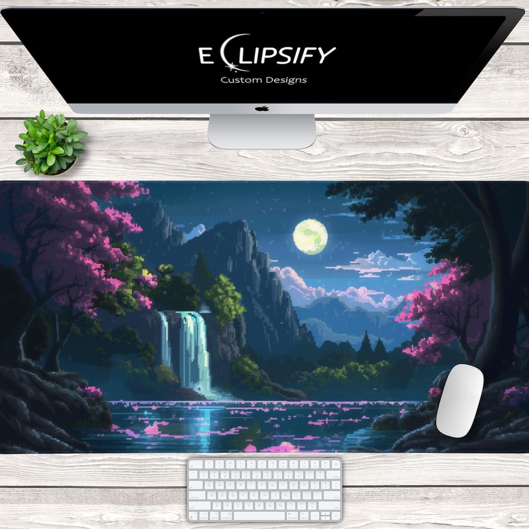 Waterfall Pixel Art Mouse Pad, Pixel, 8bit, Japanese Cherry Blossom Art ...