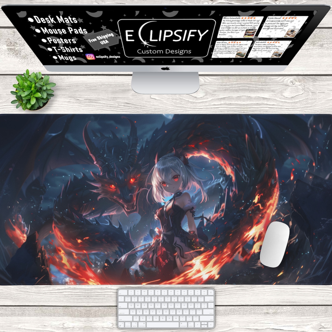 Anime Girl Dragon Mouse Pad, Anime Dragon Girl Desk Mat, Red, Cute ...