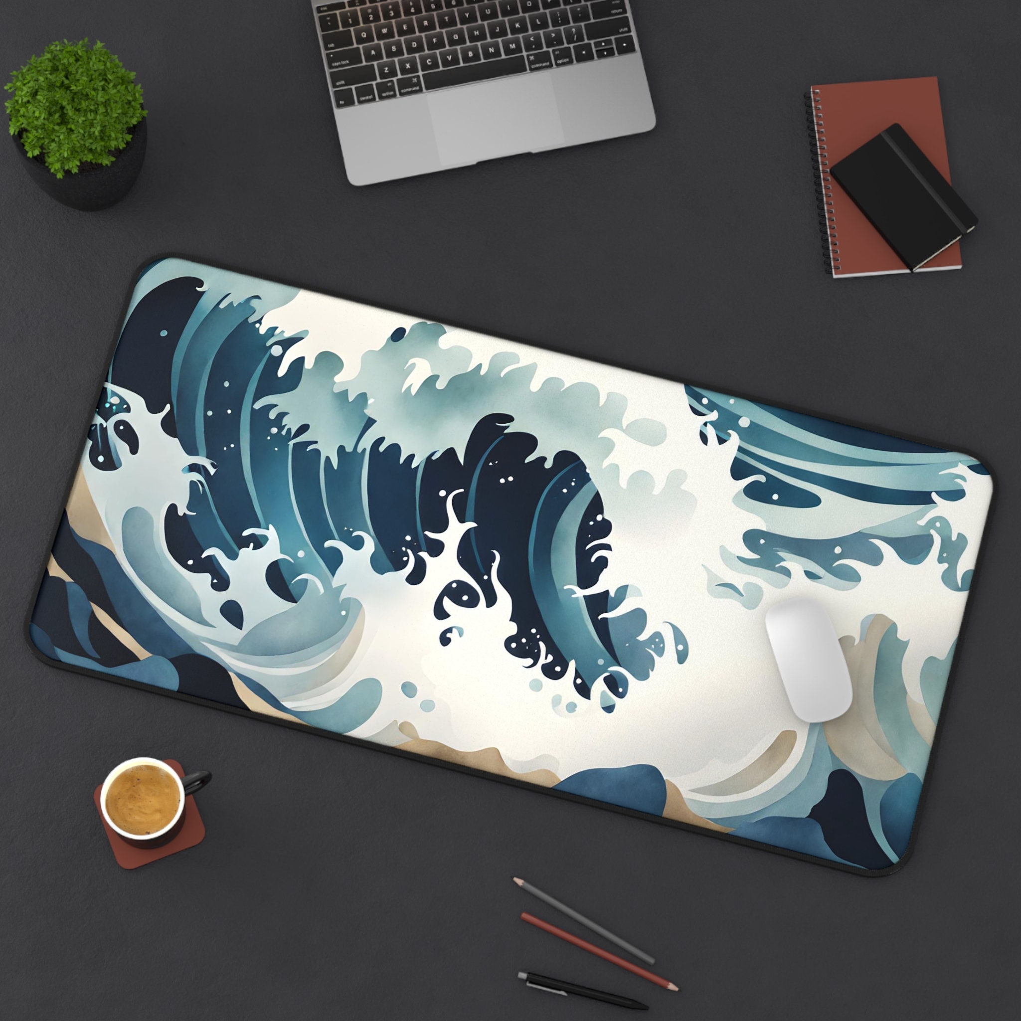 Wave Blue Desk Mat, Japanese Mousepad, Minimalist Mouse Pad, Blue Mouse ...