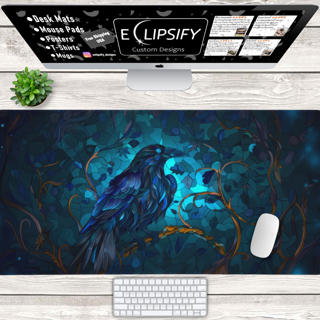Raven Stained Glass Desk Mat, Crow Mouse Pad, Colorful, Blue Goth Mouse ...