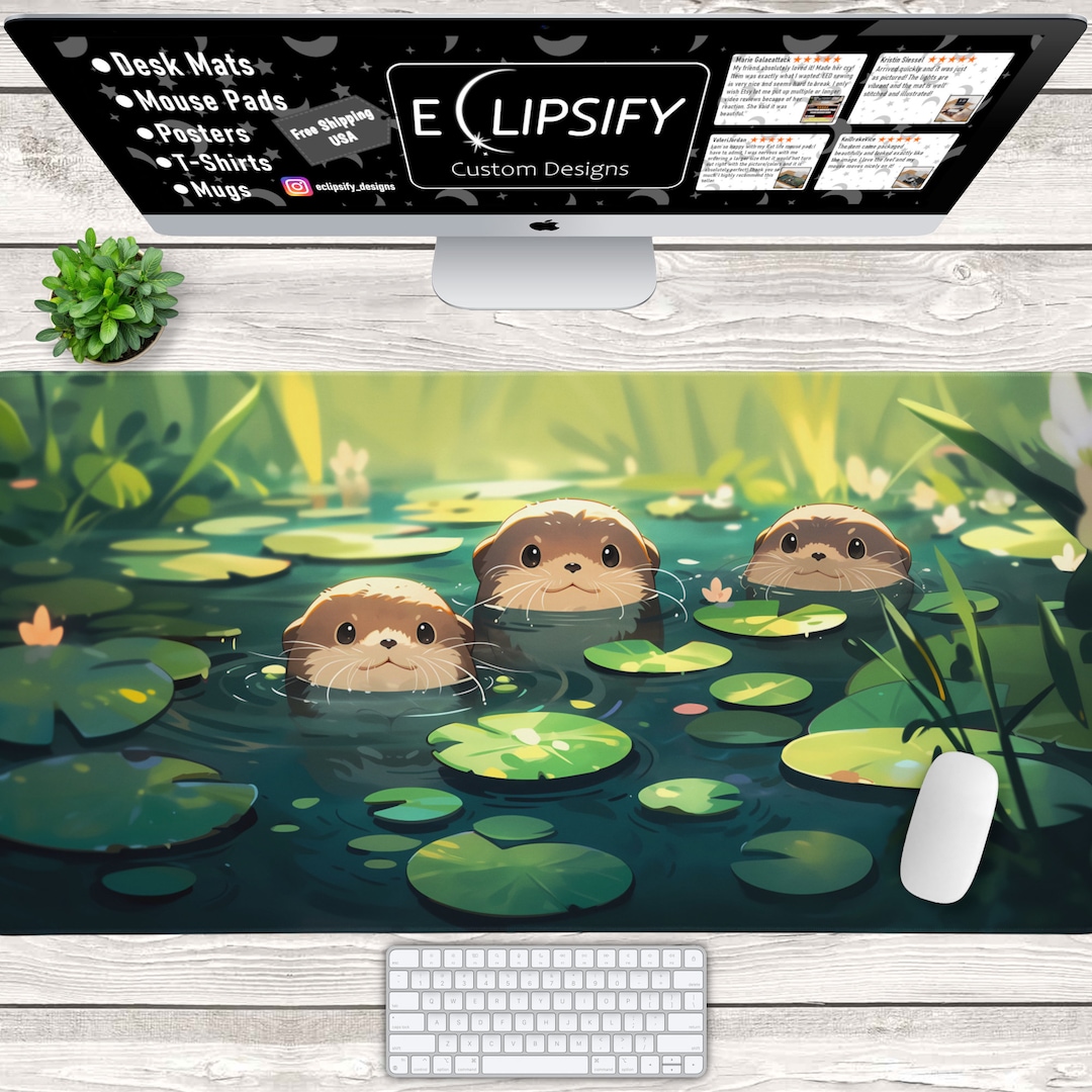 Cute Otters in Pond Desk Mat, Kawaii Otter Mousepad, Plants Nature ...