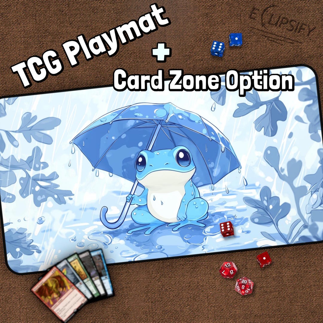 Cute Blue Frog TCG Playmat, Rain Drops, Kawaii, Umbrella Frog, MTG Play ...