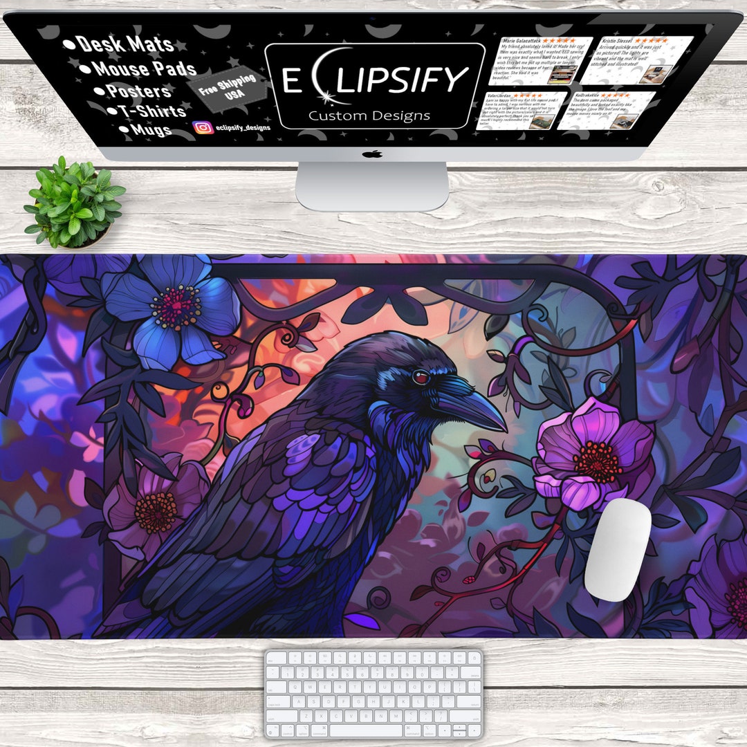 Crow Stained Glass Desk Mat, Crow Mouse Pad, Colorful, Purple Goth ...