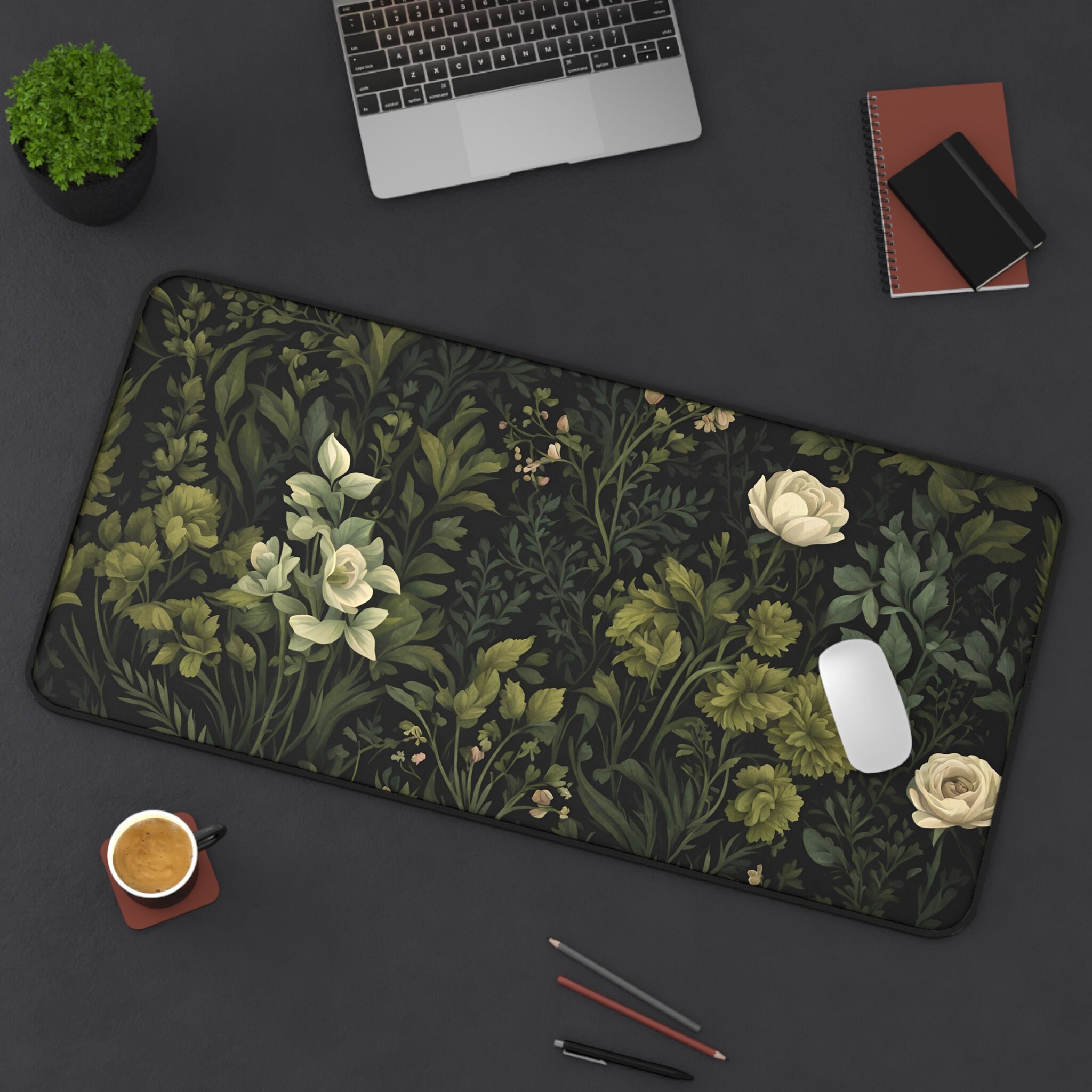 Botanical Dark Cottagecore Green Desk Mat, Floral, Botanical Mouse Pad ...