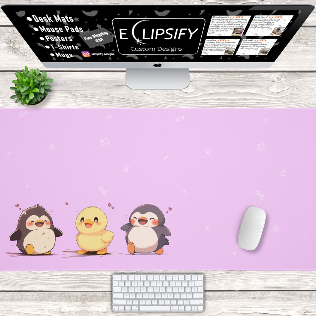 Cute Duck and Penguin Kawaii Lofi Mouse Pad, Duck Desk Mat, Cute Pink ...