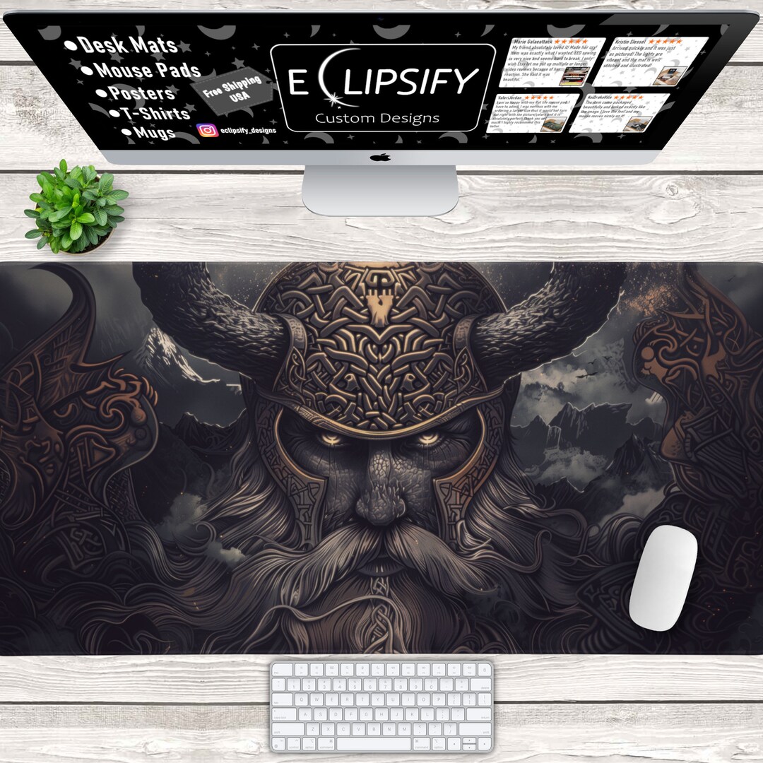 Viking Desk Mat, Viking Mouse Pad, Nordic, Mountains, Birds Minimalist ...