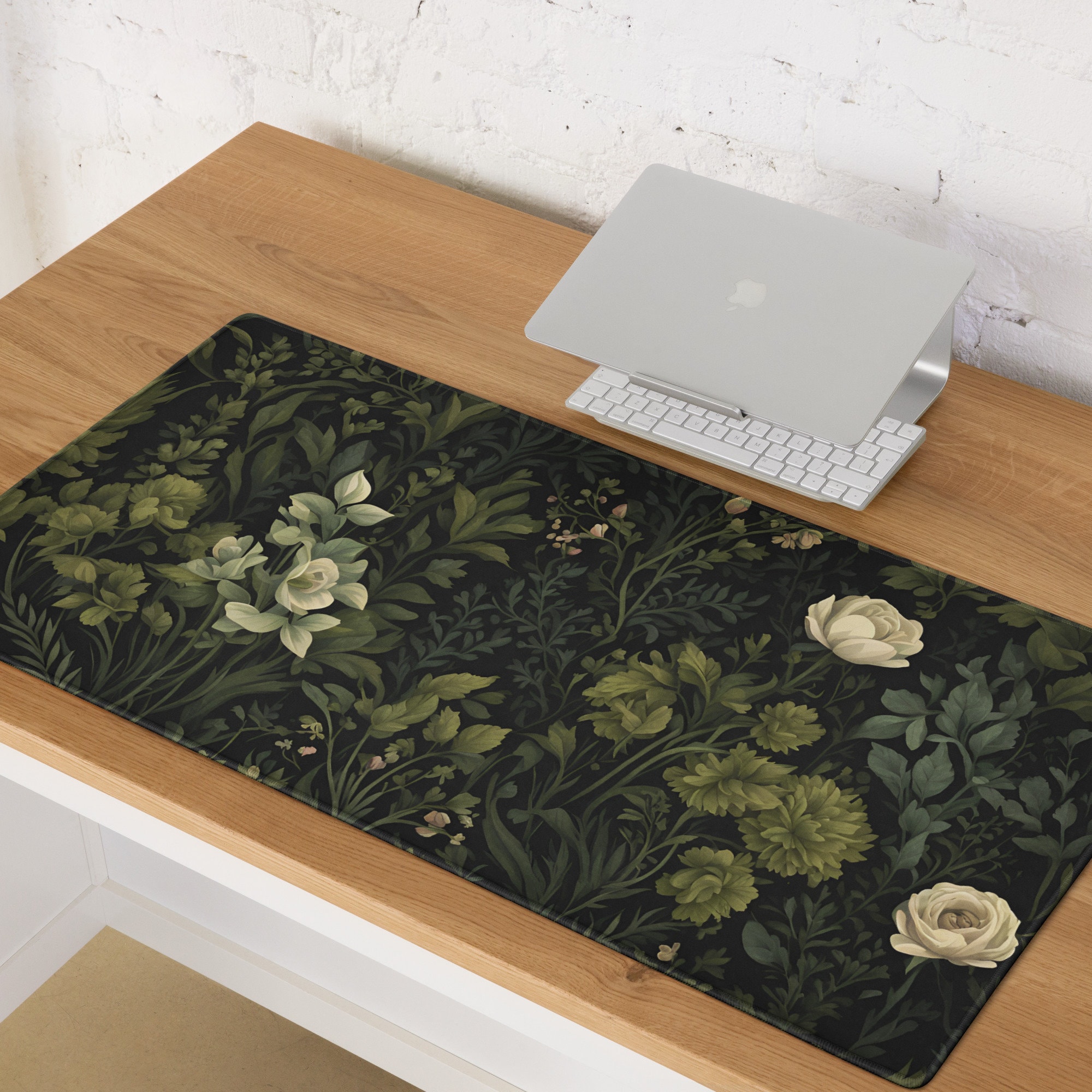 Botanical Dark Cottagecore Green Desk Mat, Floral, Botanical Mouse Pad ...