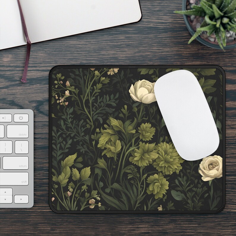 Botanical Dark Cottagecore Green Desk Mat, Floral, Botanical Mouse Pad ...