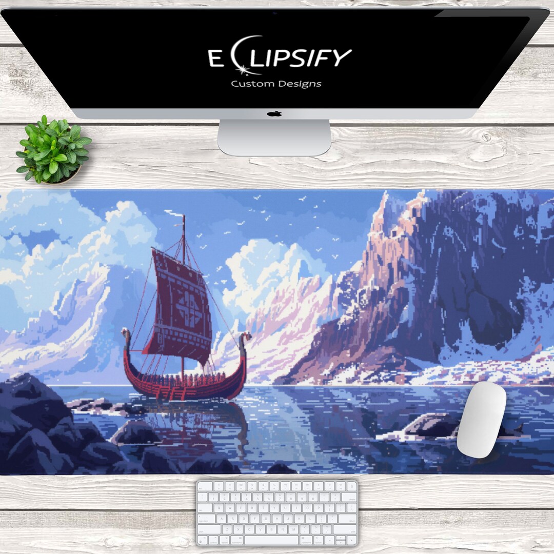 Pixel Art Viking Ship Desk Mat, Blue Viking Mouse Pad, Nordic, Viking ...