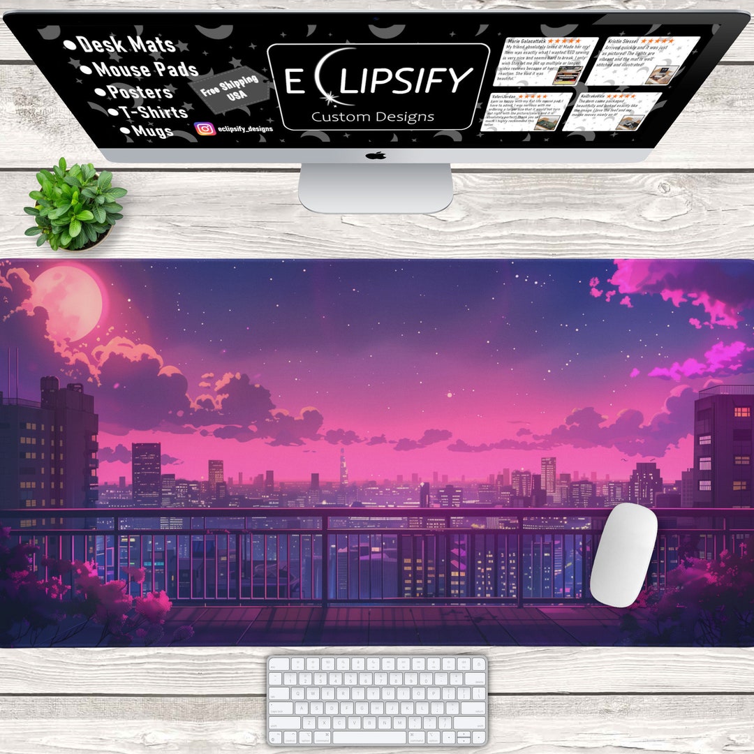 Tokyo City Mouse Pad, Purple City Desk Mat, Tokyo Street Desk Mat, Neon ...
