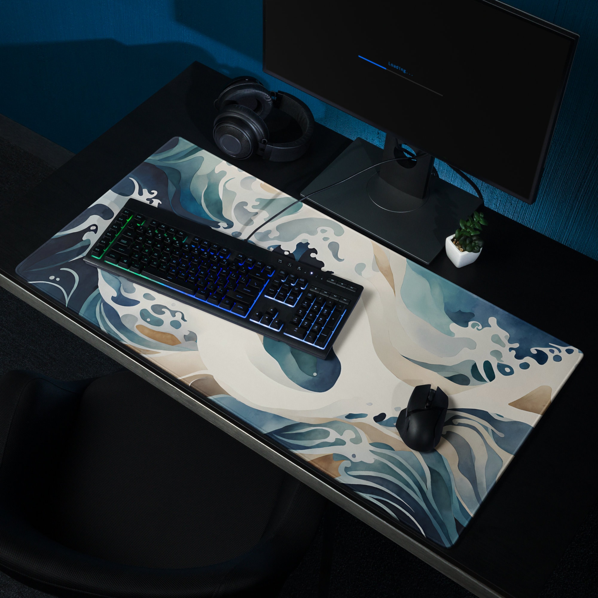 Wave Blue Desk Mat, Japanese Mousepad, Minimalist Mouse Pad, Blue Mouse ...