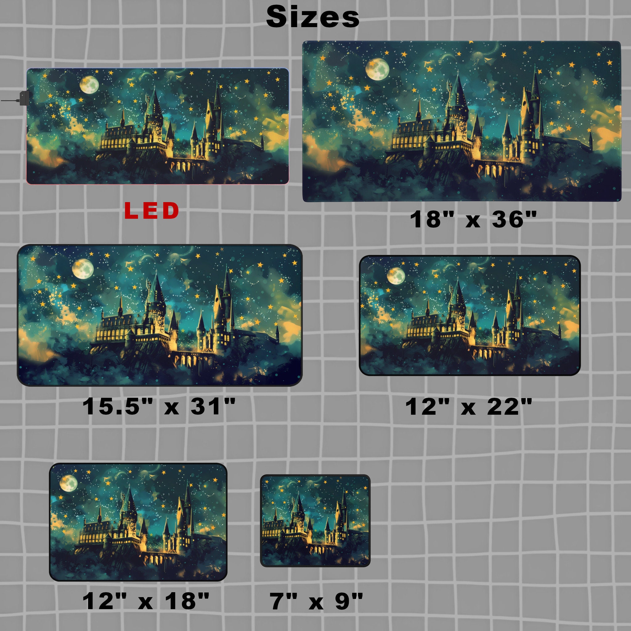 Wizard Castle Desk Mat, Wizard Castle Mouse Pad, Moon, Yellow Stars ...