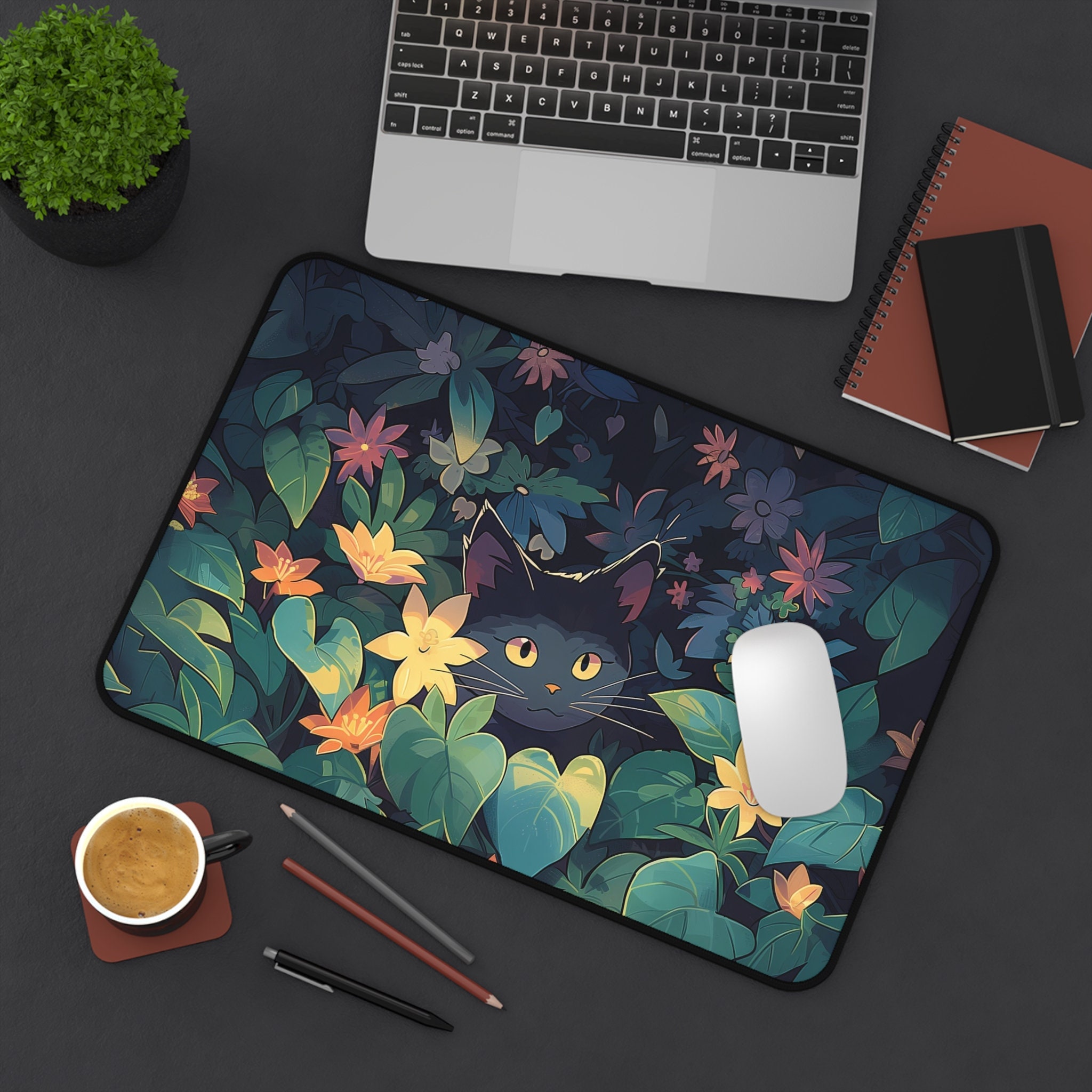 Cute Black Cat Desk Mat, Kawaii Black Cat Mousepad, Plants Nature, Cute ...