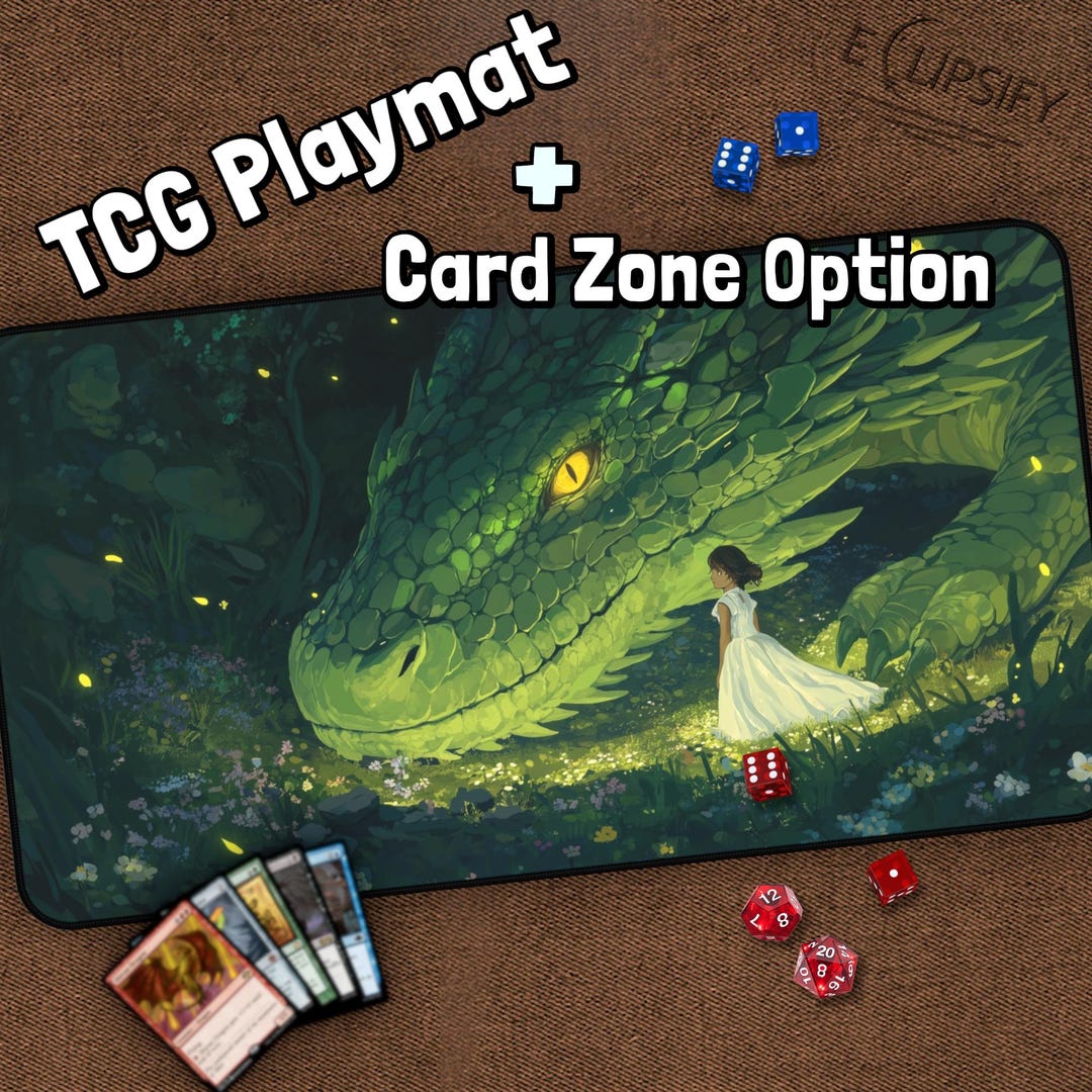 Magical Dragon TCG Playmat, Little Girl Flowers, Green Dragon MTG Play ...