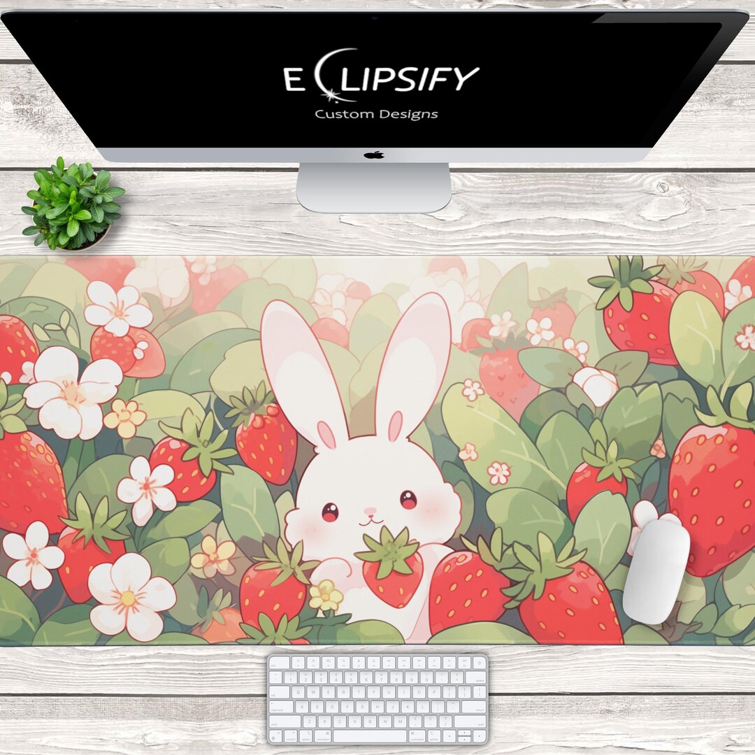 Kawaii Rabbit Mouse Pad, Strawberry Desk Mat, Cute Rabbit, Kawaii Pink ...