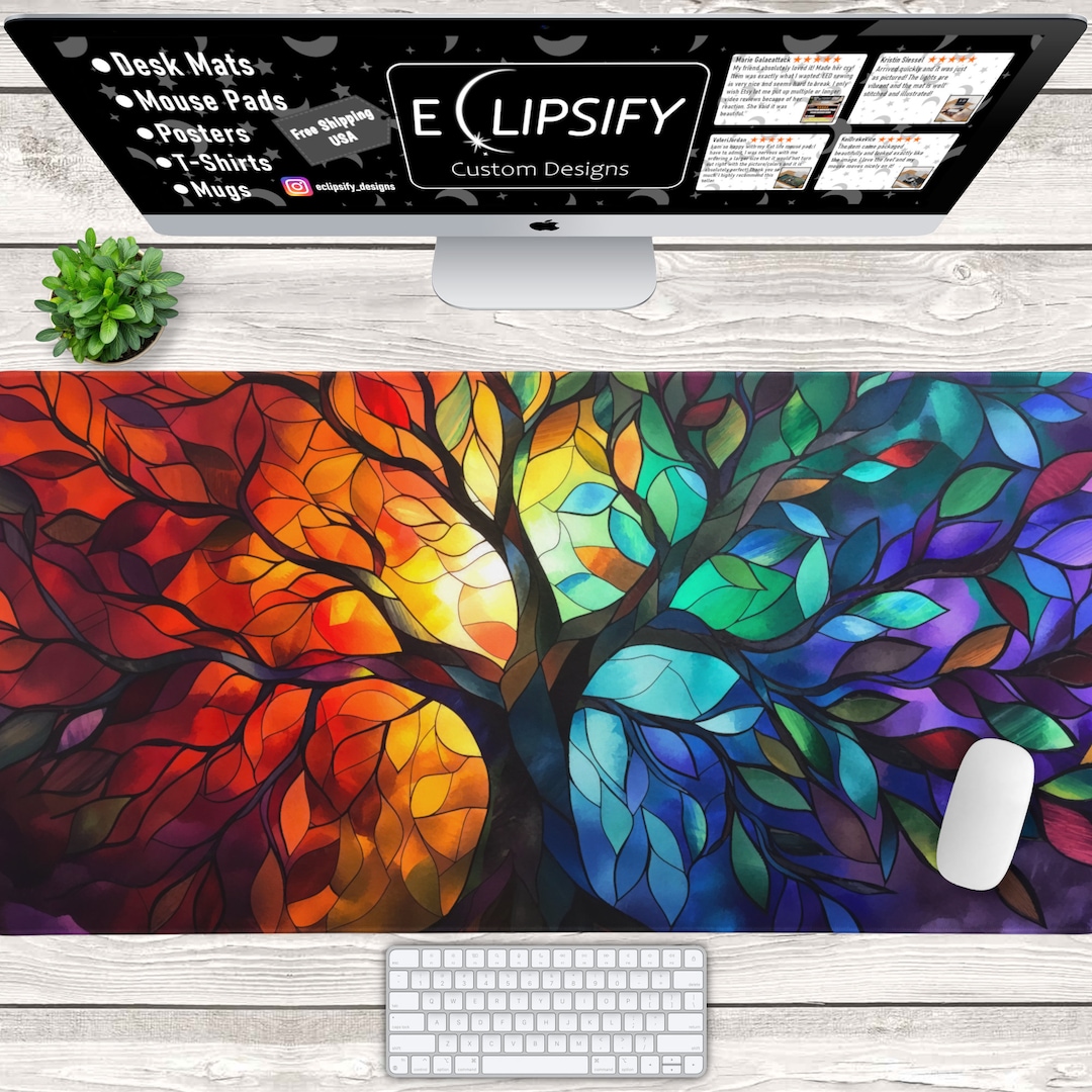 Stained Glass Tree of Life Desk Mat, Minimalist, Colorful, Cottagecore ...