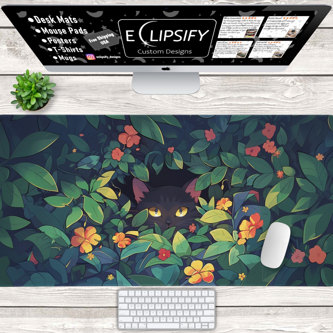 Cute Black Cat Desk Mat, Kawaii Black Cat Mousepad, Aesthetic Plants ...