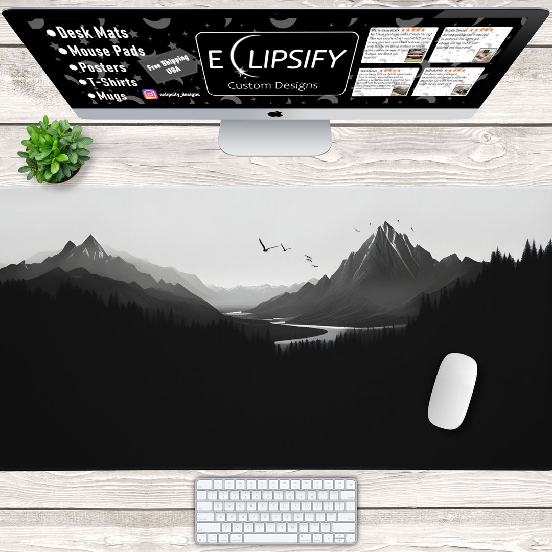 Minimalist Mountain Mouse Pad, Minimalist Mountain Desk Mat, Black and ...