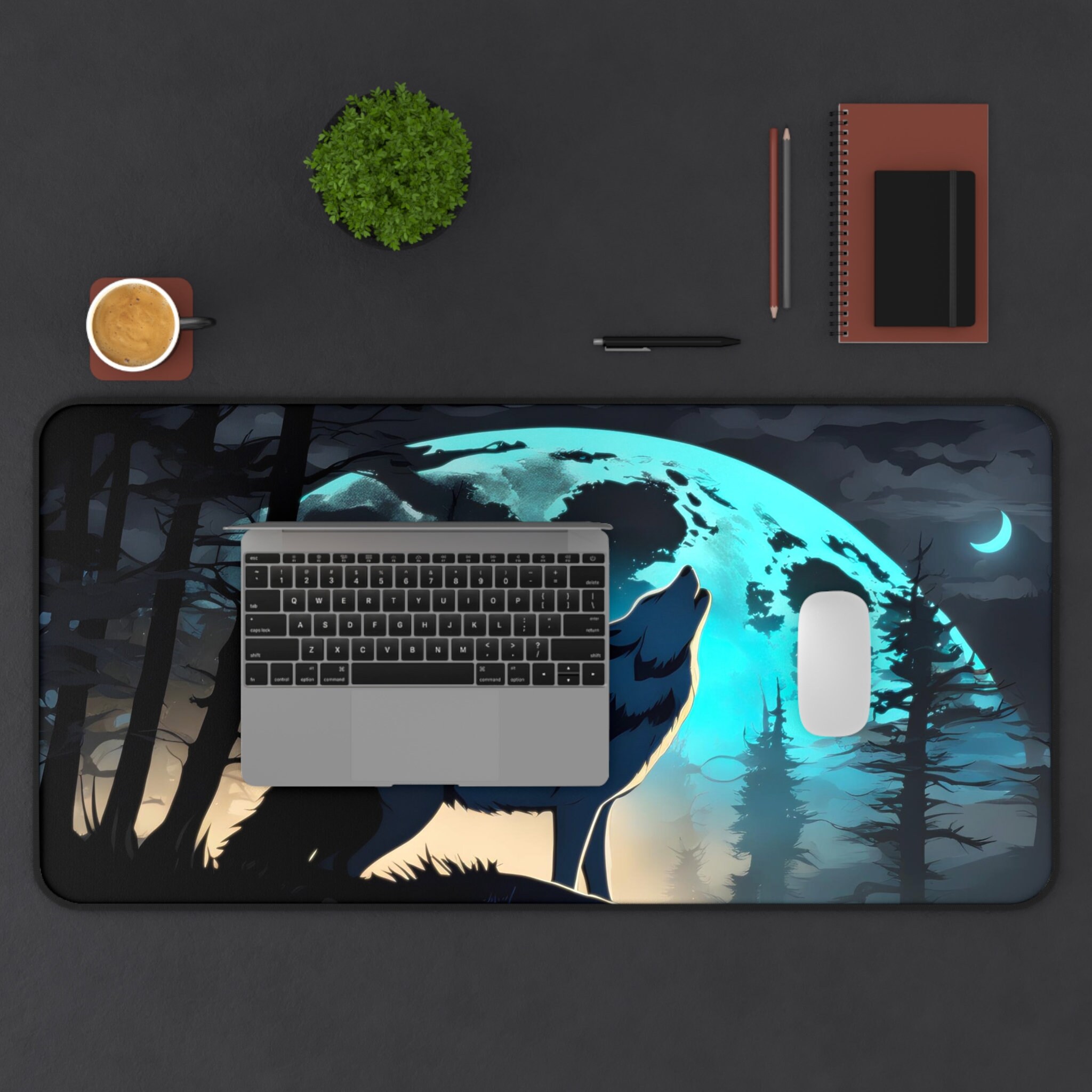 Wolf Howling Moon Mouse Pad, Wolf Howling Moon Desk Mat, Blue Desk Mat ...