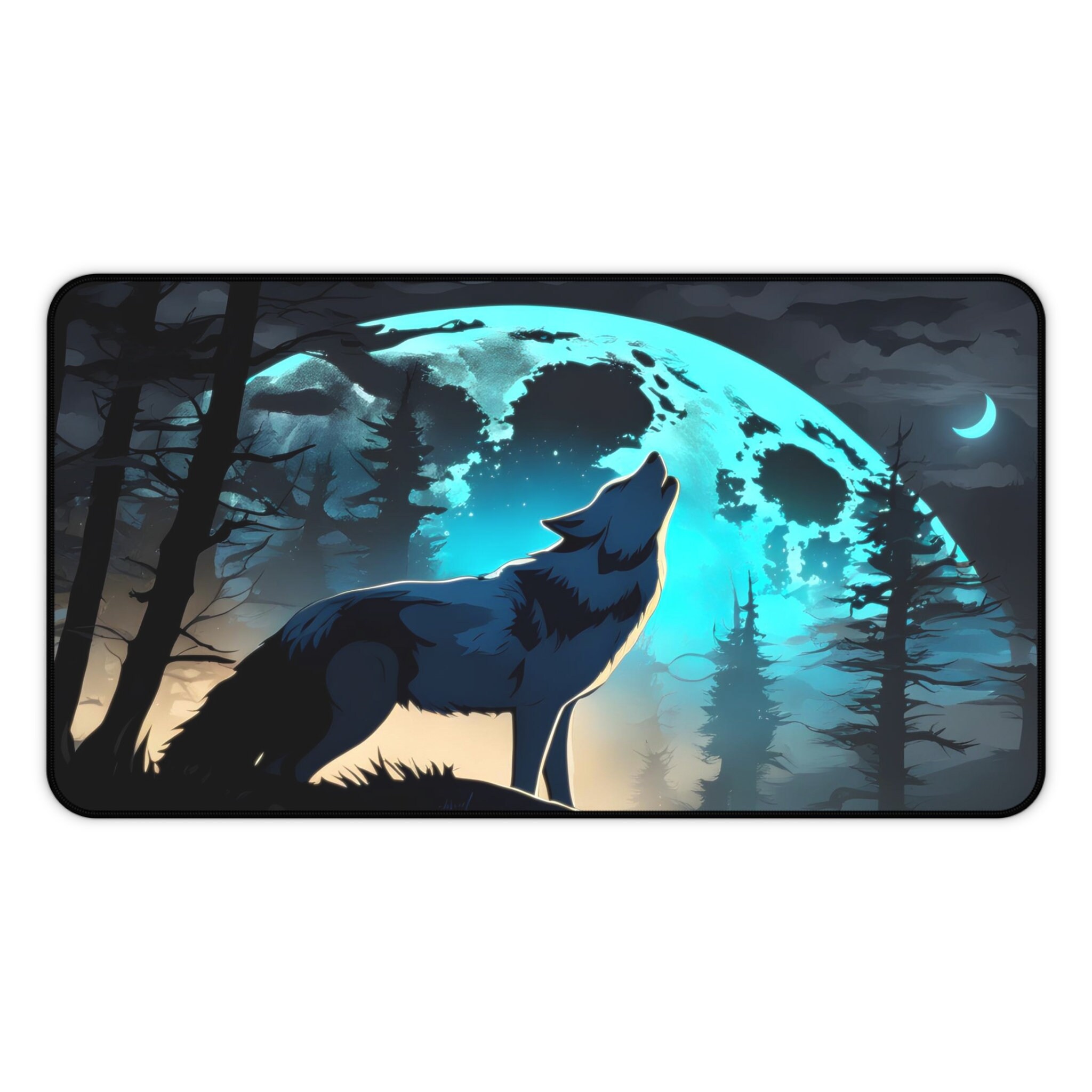 Wolf Howling Moon Mouse Pad, Wolf Howling Moon Desk Mat, Blue Desk Mat ...