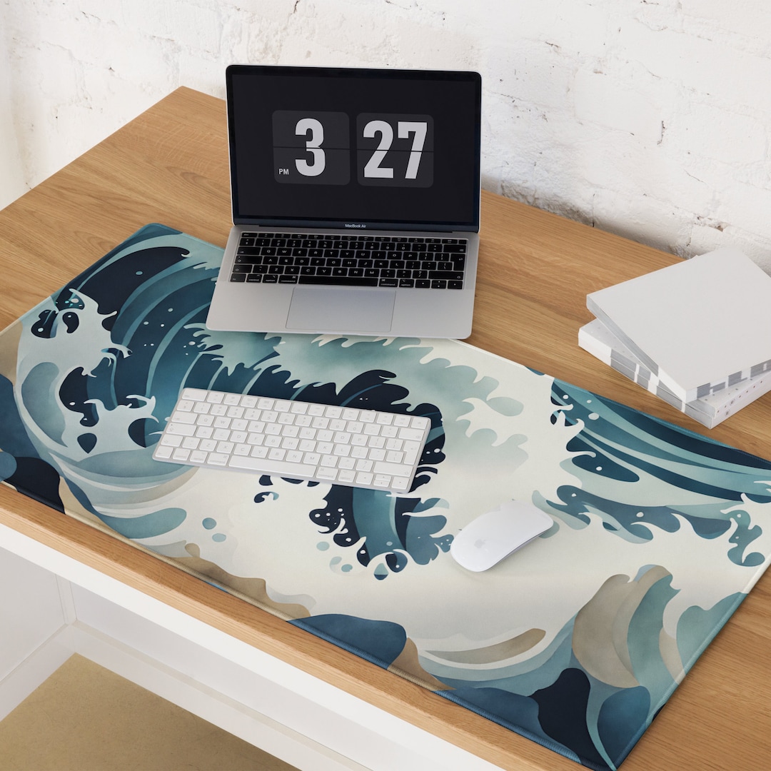 Wave Blue Desk Mat, Japanese Mousepad, Minimalist Mouse Pad, Blue Mouse ...