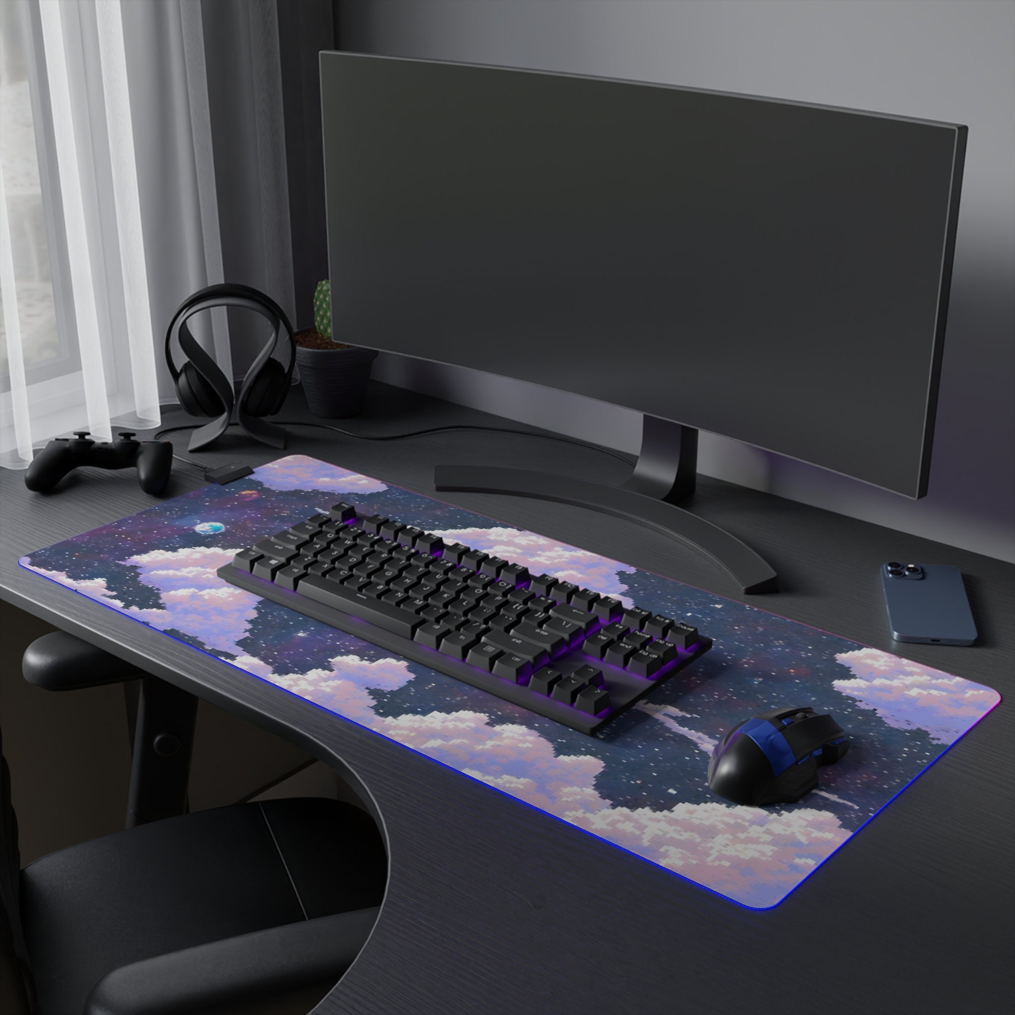 Pixel Art Clouds Mouse Pad, Pixel Art Space Desk Mat, Sunset Pixel Art ...