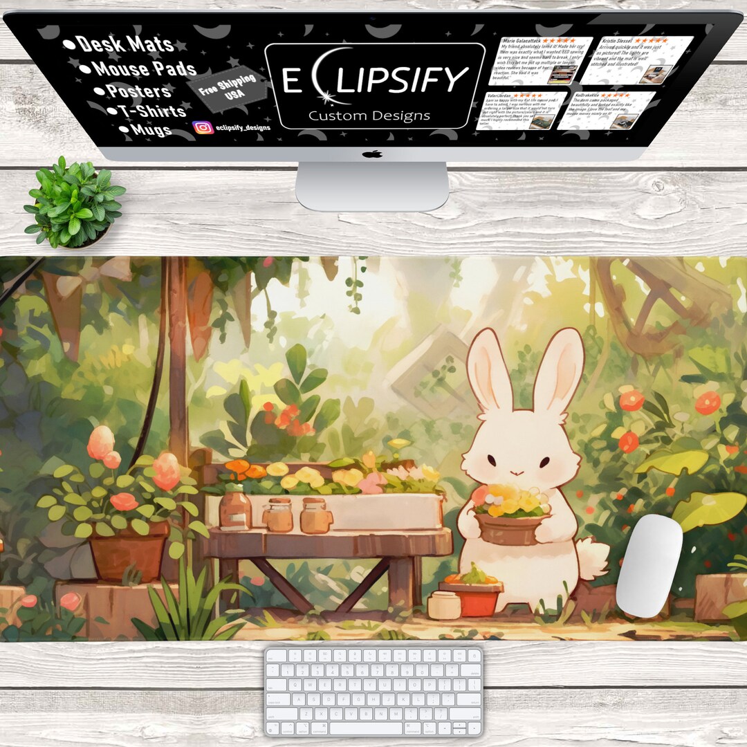 Cute Garden Rabbit Kawaii Lofi Mouse Pad, Rabbit Desk Mat, Cute Pastel ...