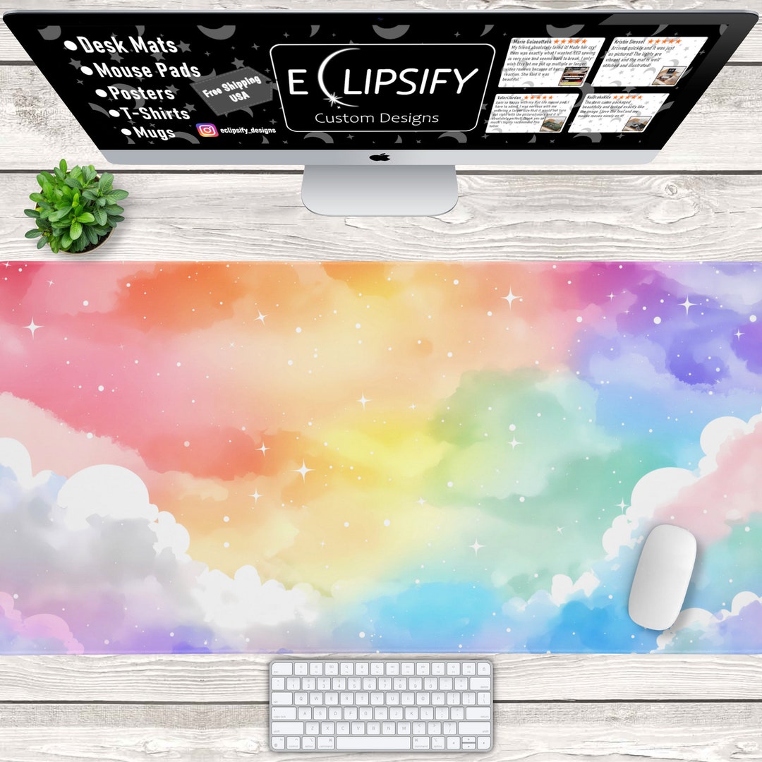 Cute Cloud Pastel Rainbow Mouse Pad, Pink Desk Mat, Cute Pastel Desk ...