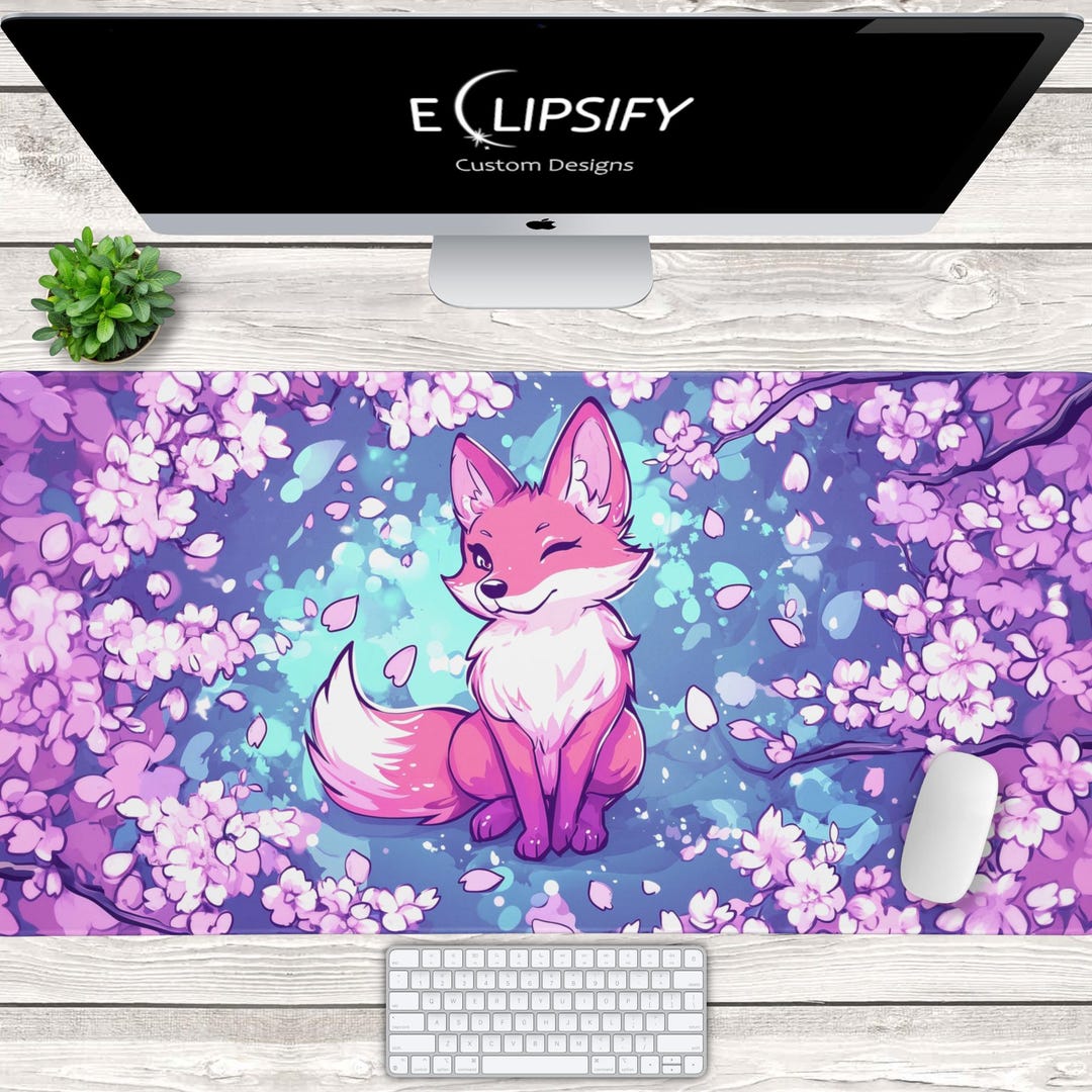 Kawaii Fox Desk Mat, Anime Fox Mouse Pad, Cute Mouse Pad, Pink Cherry ...