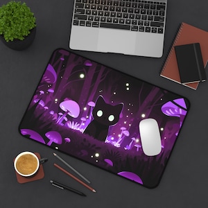 Black Cat Mouse Pad, Kawaii, Cute Cat, Purple, Pink Cottage Core Desk ...