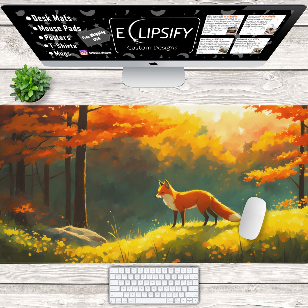 Fox Desk Mat, Kawaii Desk Mat, Fox Mouse Pad, Animal Mouse Pad, Forest ...
