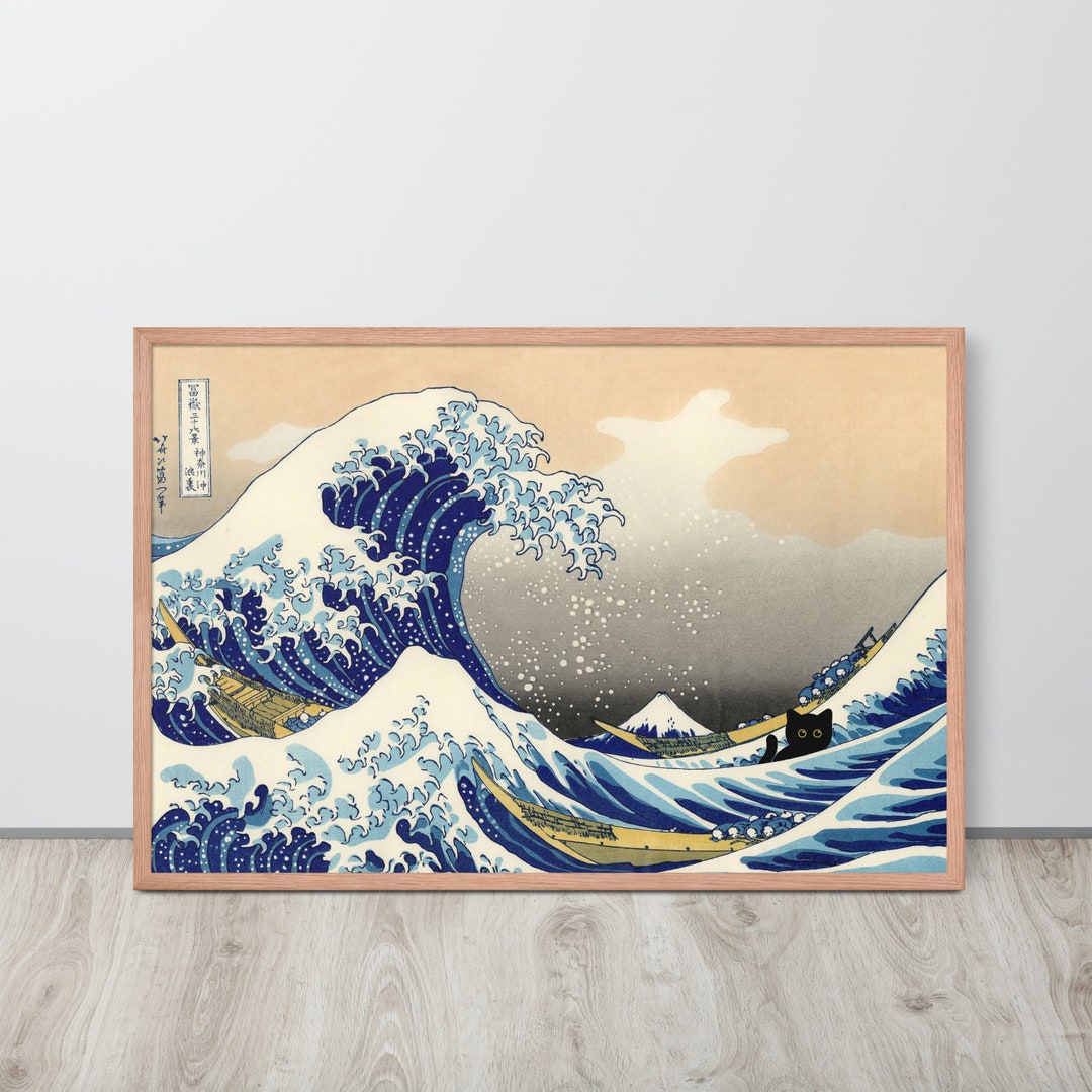 Great Wave off Kanagawa Cat Print, Cat Poster, Black Cat Art, Black Cat ...