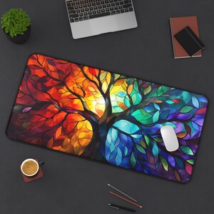 Stained Glass Tree of Life Desk Mat, Minimalist, Colorful, Cottagecore ...