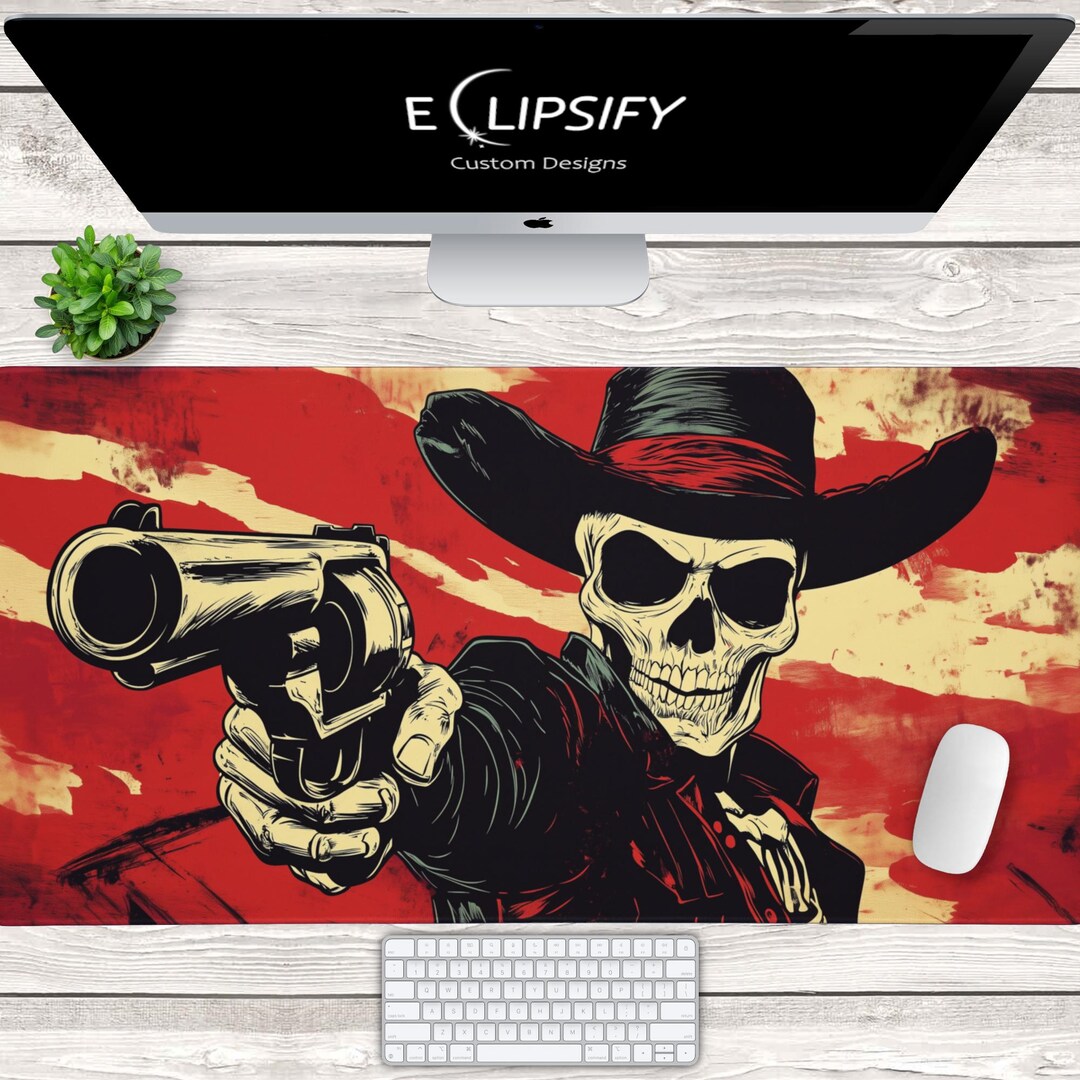 Skeleton Outlaw Red Cowboy Gaming Mouse Pad, Gaming Desk Mat, Wild West ...